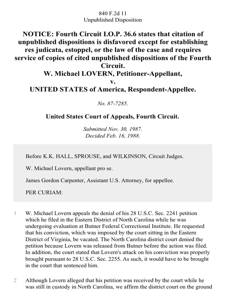 W. Michael Lovern v. United States, 840 F.2d 11, 4th Cir. (1988) | PDF ...