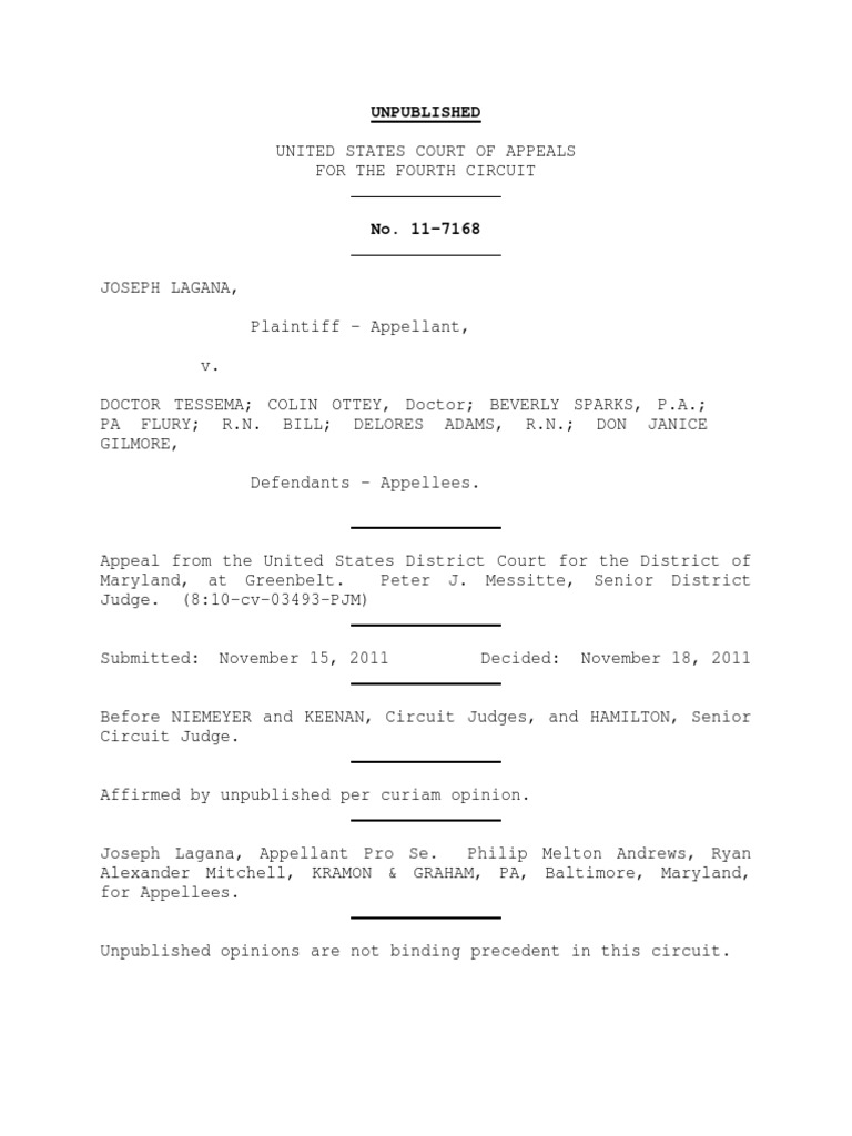 Joseph Lagana v. Doctor Tessema, 4th Cir. (2011) | PDF