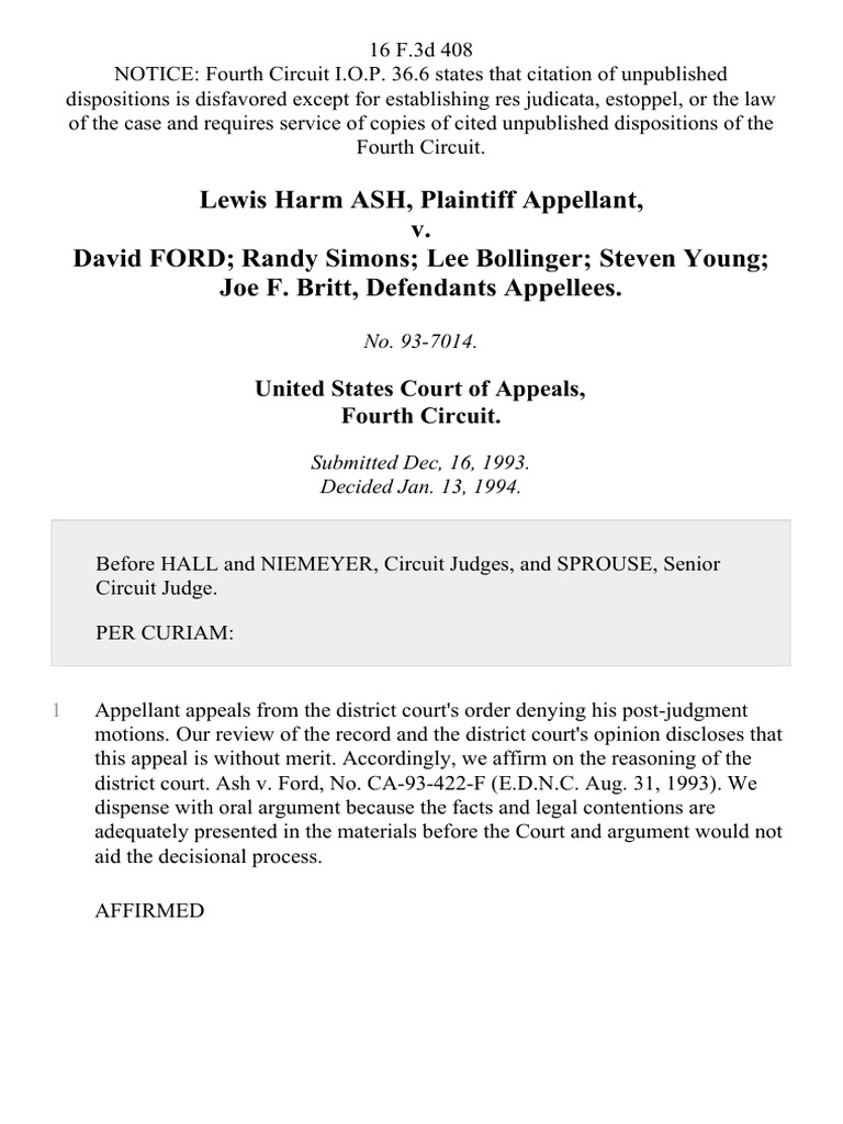 Lewis Harm Ash v. David Ford Randy Simons Lee Bollinger Steven Young ...