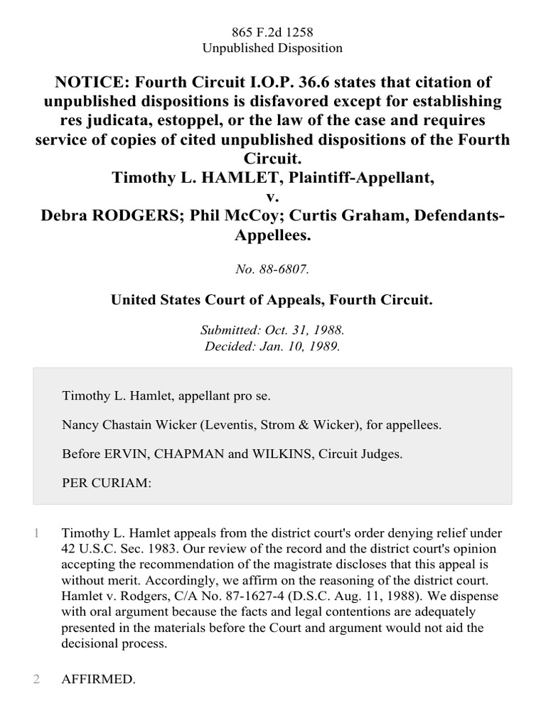 Timothy L. Hamlet v. Debra Rodgers Phil McCoy Curtis Graham, 865 F.2d ... Timothy L. Hamlet v. Debra Rodgers Phil McCoy Curtis Graham, 865 F.2d ...