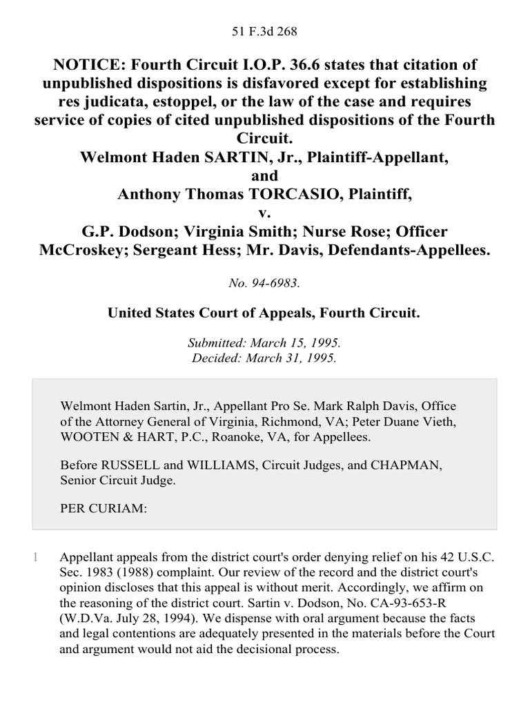 Fourth Circuit Case: Sartin v. Dodson Appeal | PDF | Law