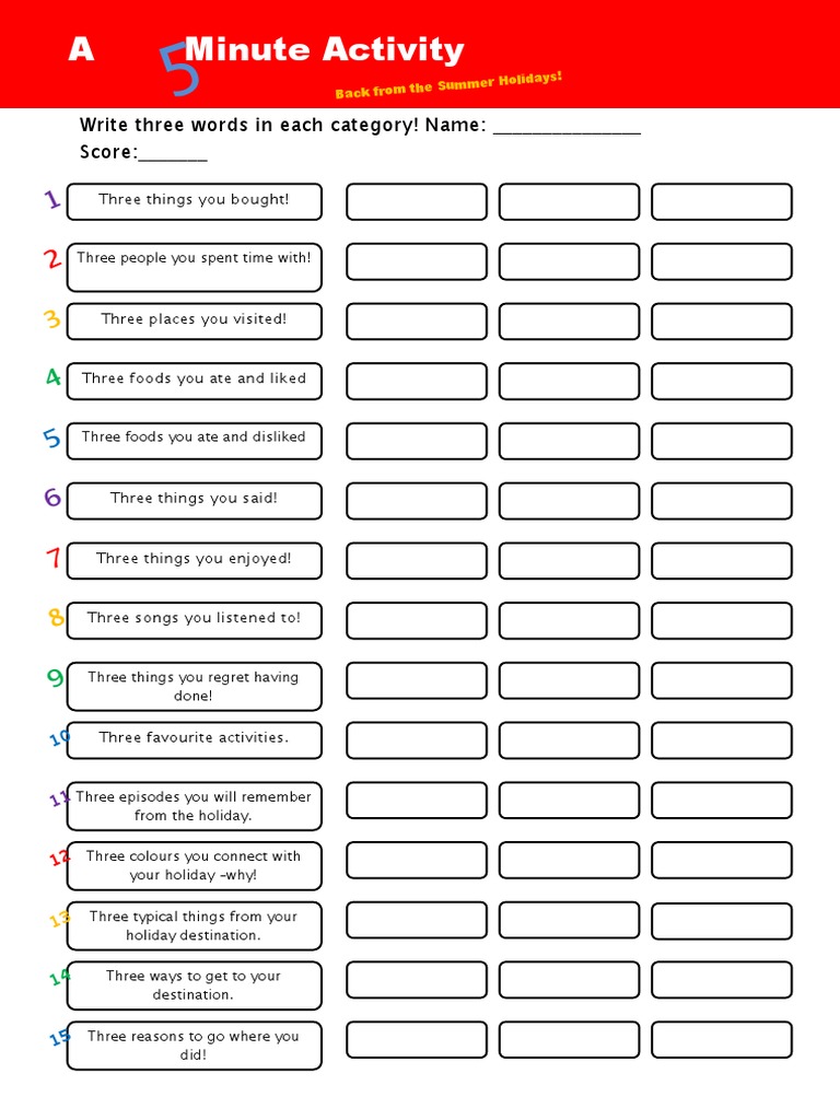 5 Minute Activity Back From Summer Holidays | PDF