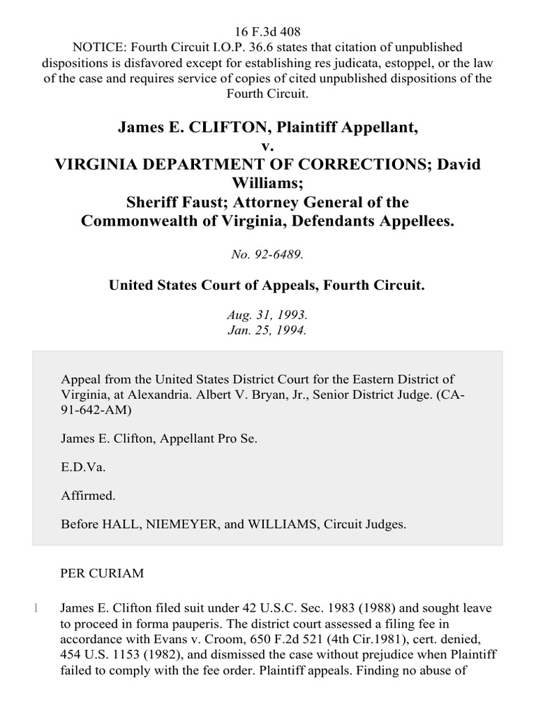 James E. Clifton v. Virginia Department of Corrections David Williams Sheriff Faust Attorney ...