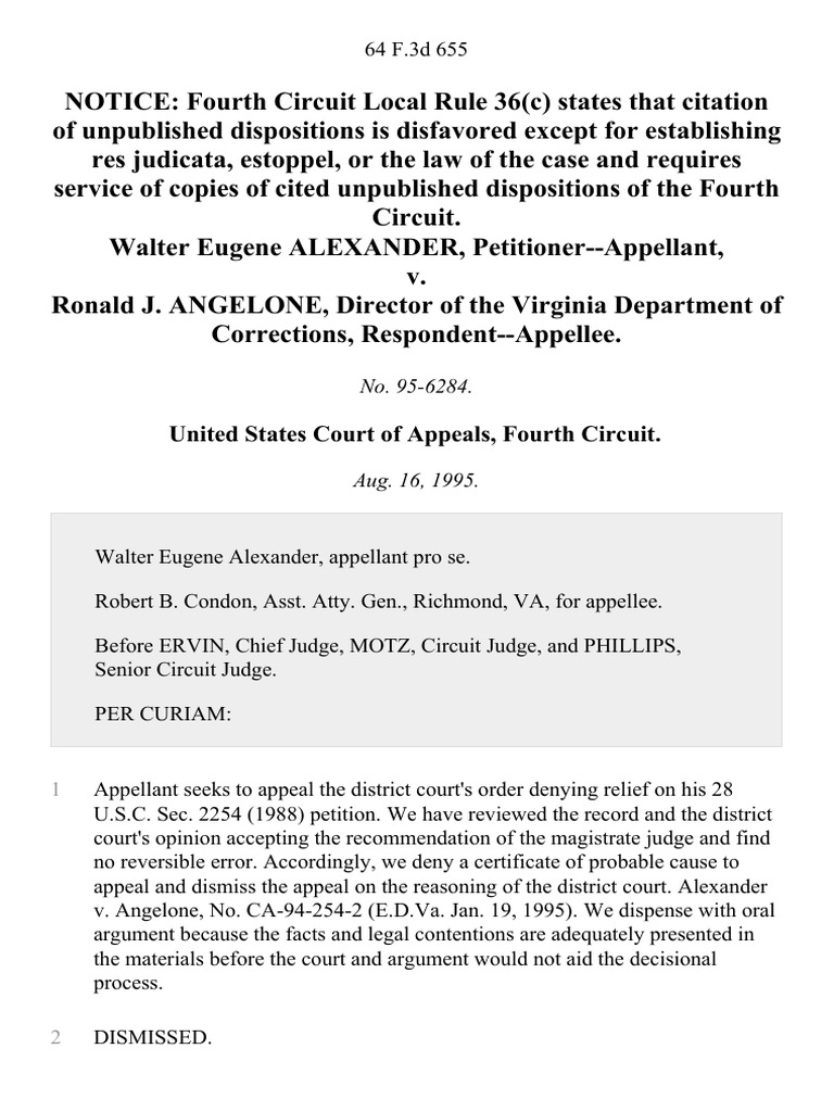Appeal Dismissal in Alexander v. Angelone | PDF | Law