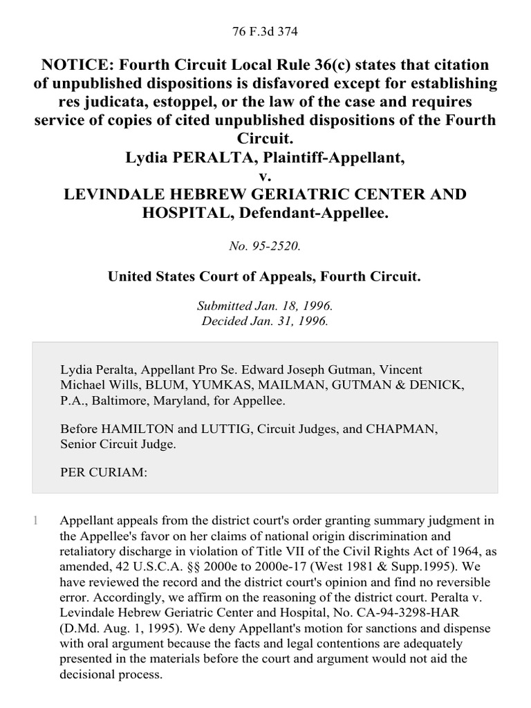 Lydia Peralta v. Levindale Hebrew Geriatric Center and Hospital, 76 F ...