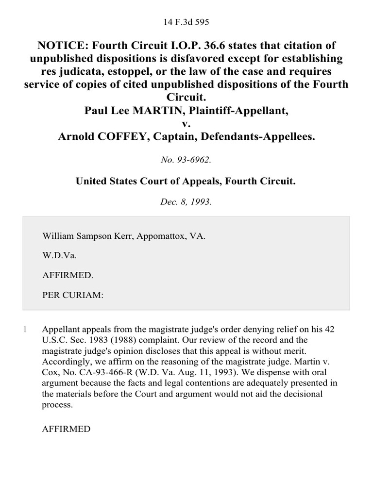 Paul Lee Martin v. Arnold Coffey, Captain, 14 F.3d 595, 4th Cir. (1993) | PDF