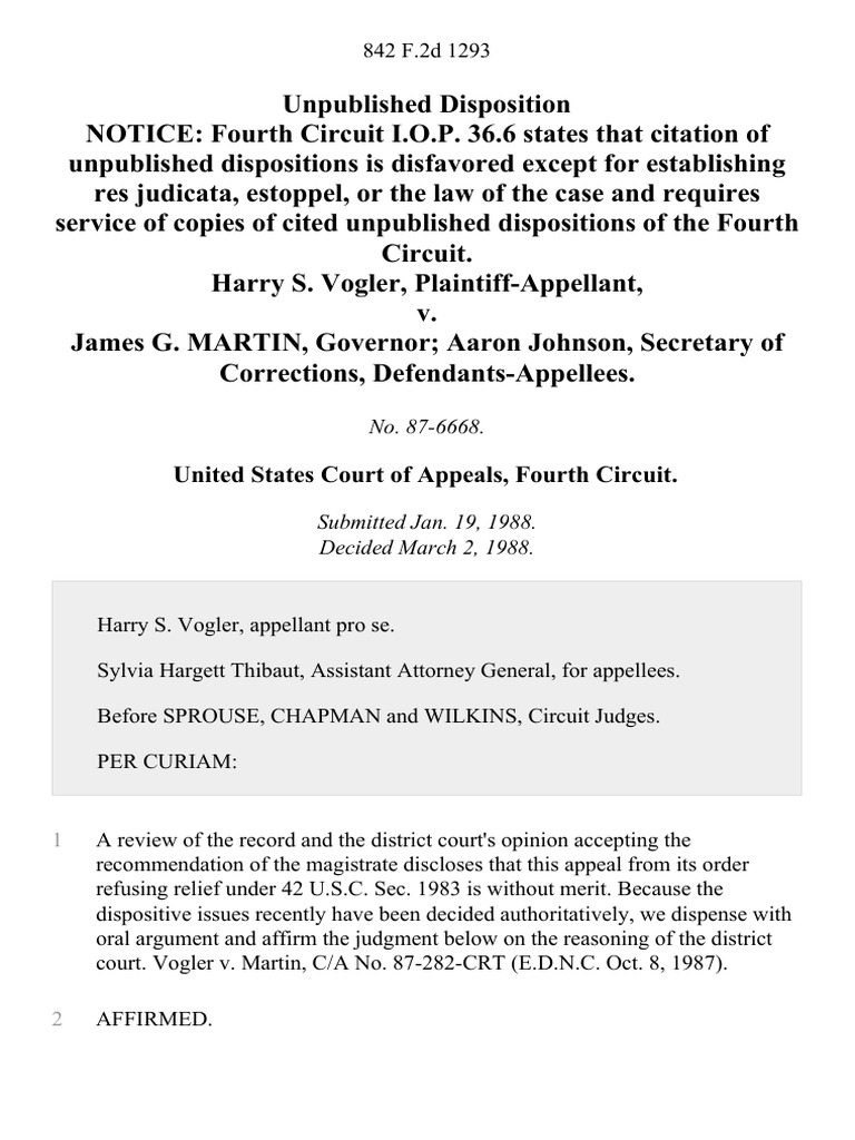 Harry S. Vogler v. James G. Martin, Governor Aaron Johnson, Secretary ...