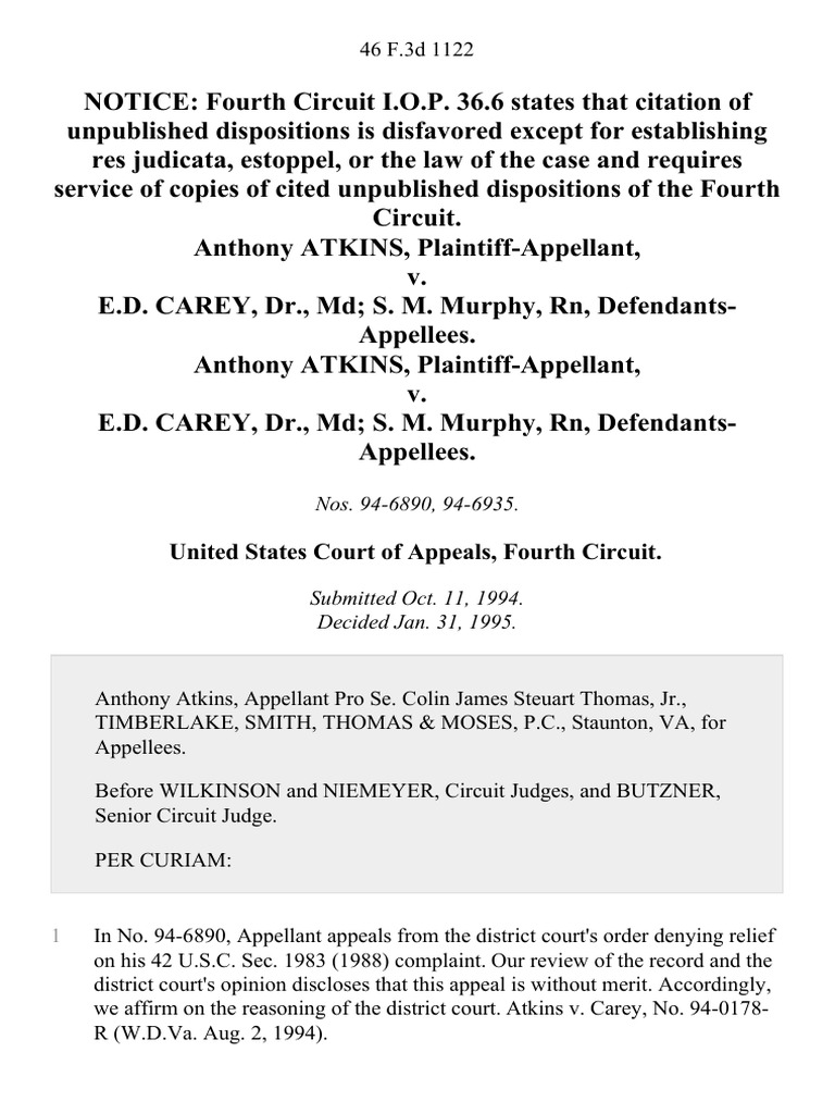 Anthony Atkins v. E.D. Carey, DR., MD S. M. Murphy, RN, Anthony Atkins ...