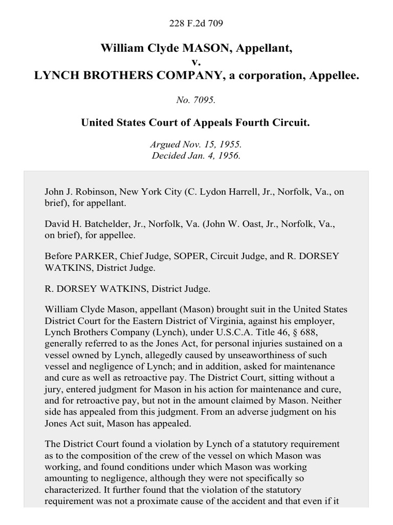 William Clyde Mason v. Lynch Brothers Company, A Corporation, 228 F.2d ...
