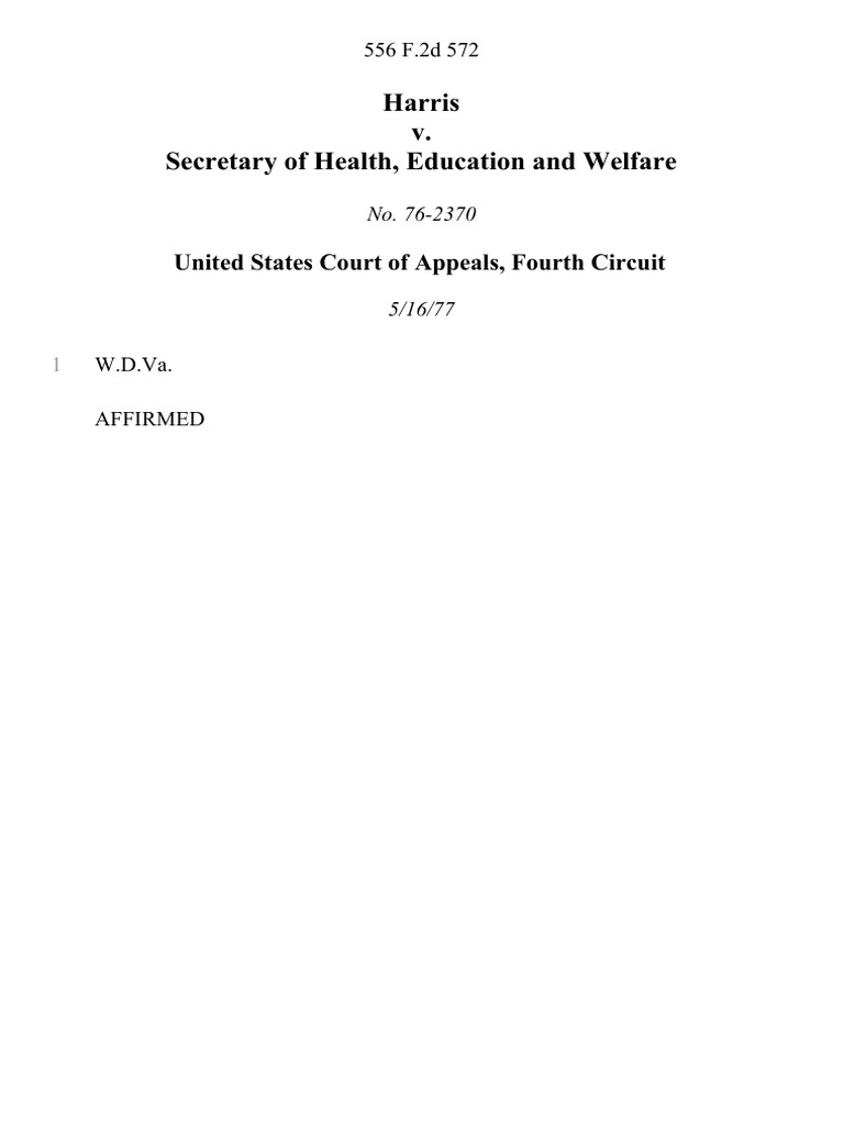 Harris v. Secretary of Health, Education and Welfare, 556 F.2d 572, 4th ...