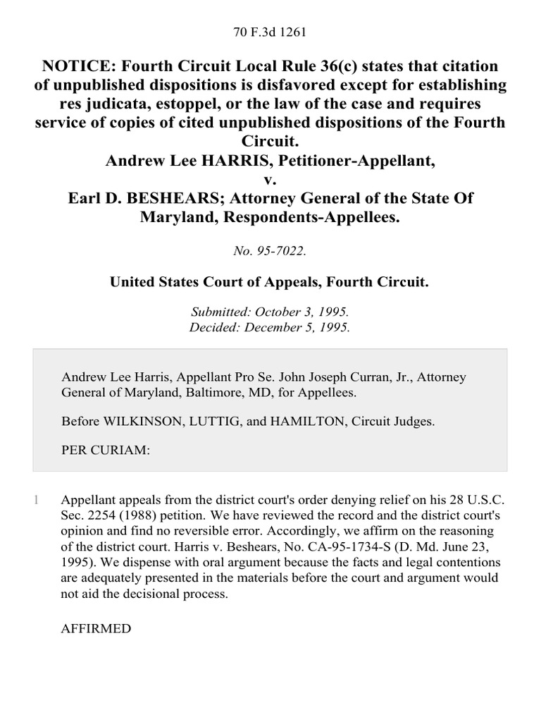 Andrew Lee Harris v. Earl D. Beshears Attorney General of The State of ...