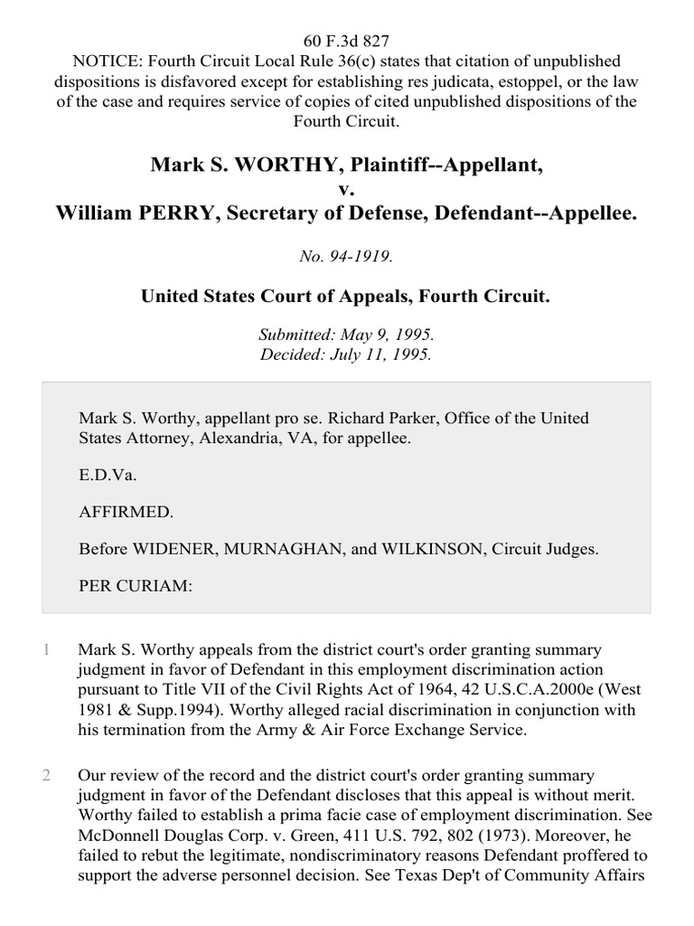 Mark S. Worthy v. William Perry, Secretary of Defense, 60 F.3d 827, 4th ...