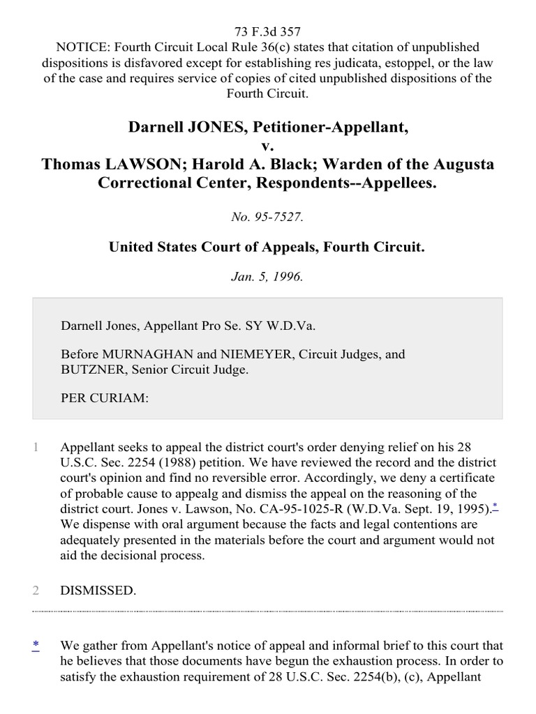 Darnell Jones v. Thomas Lawson Harold A. Black Warden of The Augusta ...