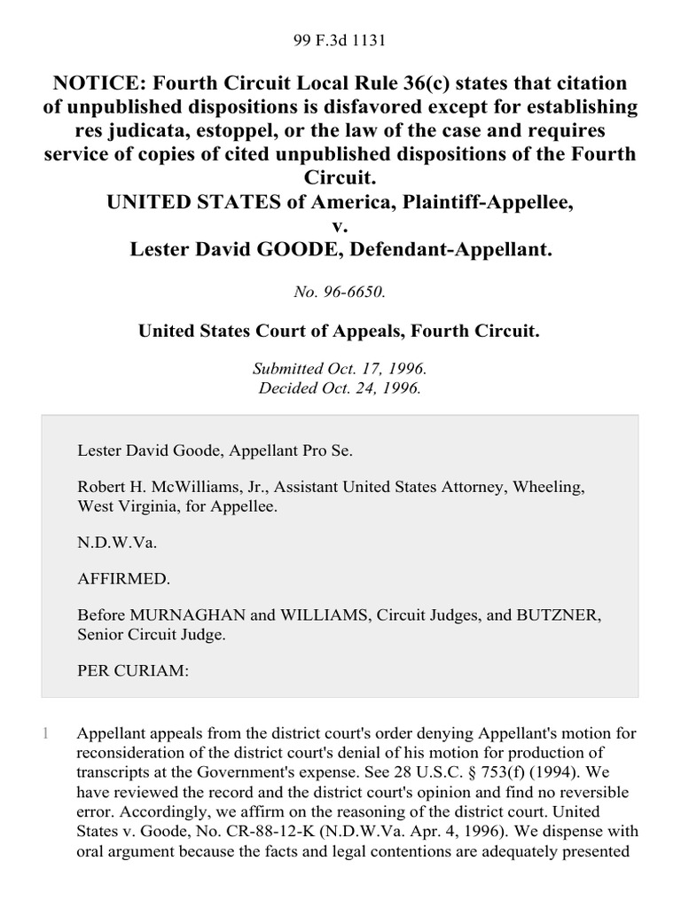 United States v. Lester David Goode, 99 F.3d 1131, 4th Cir. (1996 ...