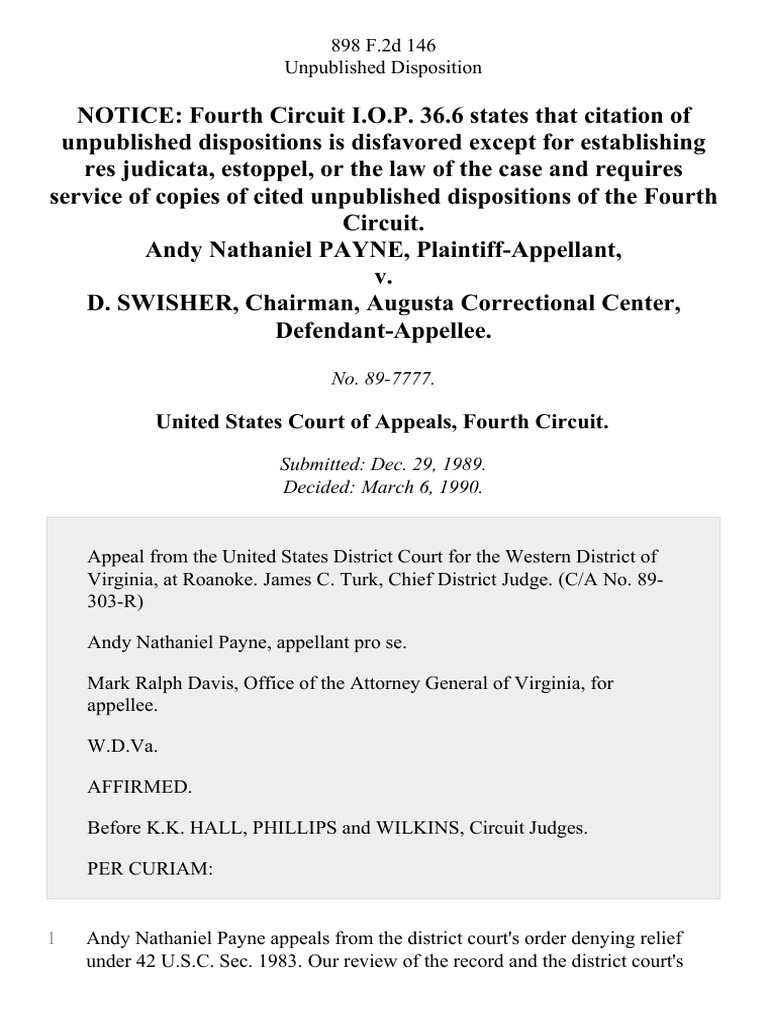 Andy Nathaniel Payne v. D. Swisher, Chairman, Augusta Correctional ...