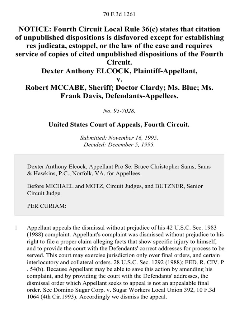 Dexter Anthony Elcock v. Robert McCabe Sheriff Doctor Clardy Ms. Blue Ms. Frank Davis, 70 F.3d ...
