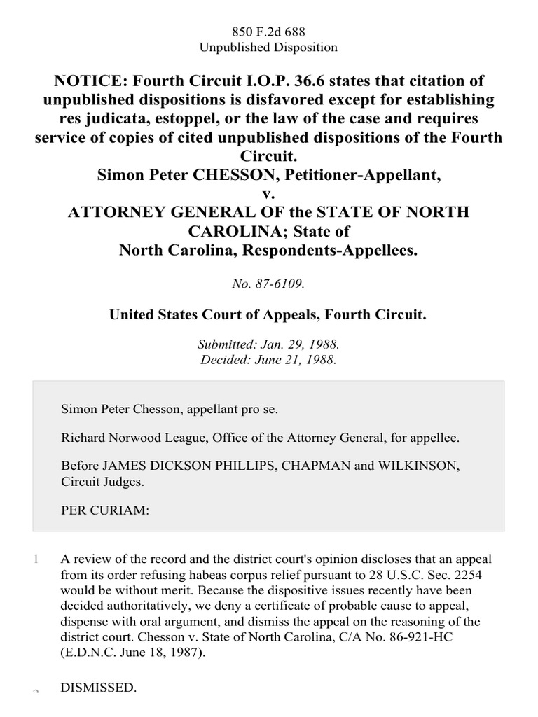 Simon Peter Chesson v. Attorney General of The State of North Carolina ...