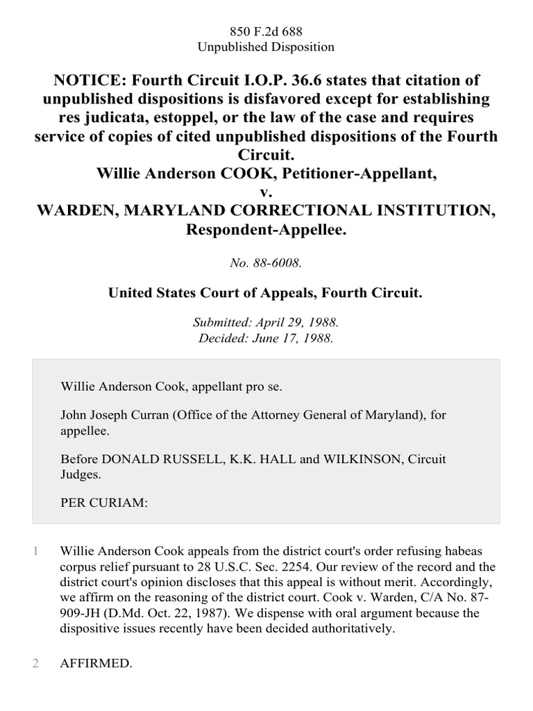 Cook v. Warden: Habeas Corpus Appeal | PDF