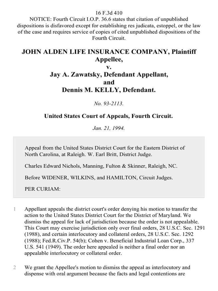 John Alden Life Insurance Company v. Jay A. Zawatsky, and Dennis M ...