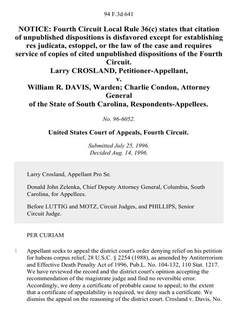 Larry Crosland v. William R. Davis, Warden Charlie Condon, Attorney ...