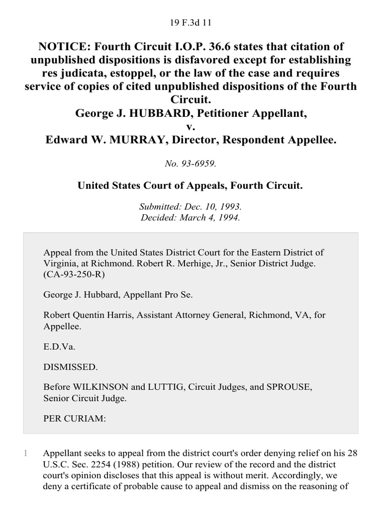 George J. Hubbard v. Edward W. Murray, Director, 19 F.3d 11, 4th Cir ...