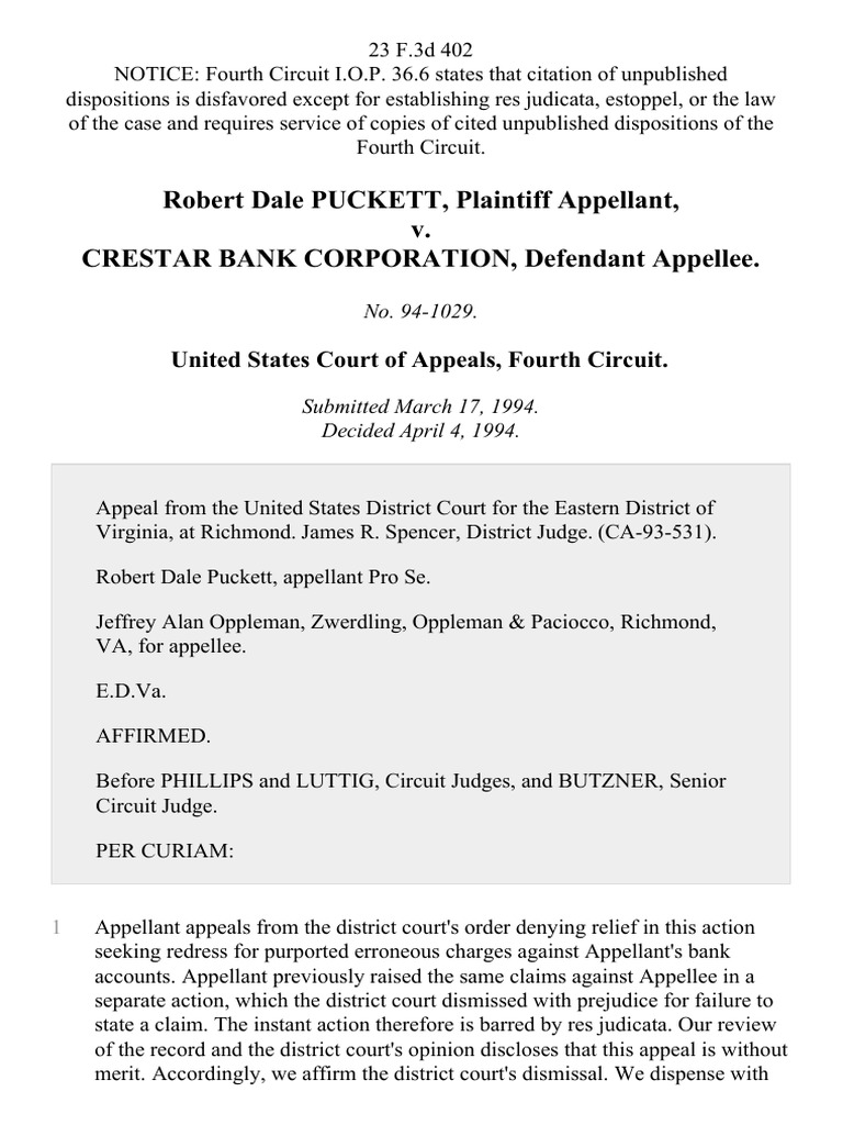 Robert Dale Puckett v. Crestar Bank Corporation, 23 F.3d 402, 4th Cir ...