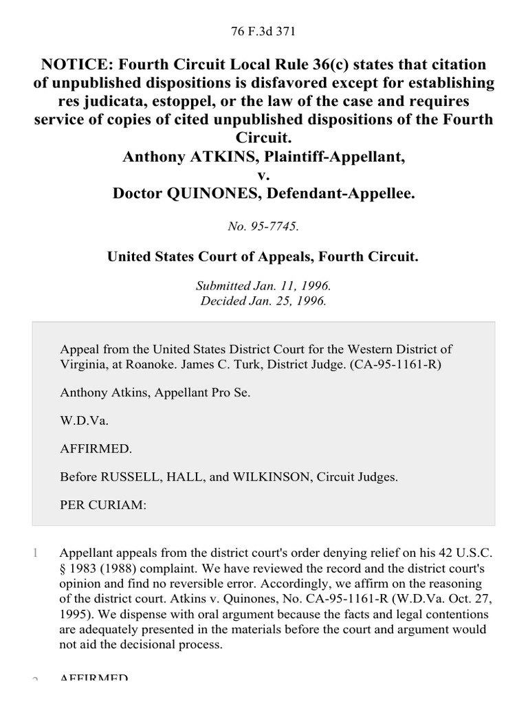 Anthony Atkins v. Doctor Quinones, 76 F.3d 371, 4th Cir. (1996) | PDF
