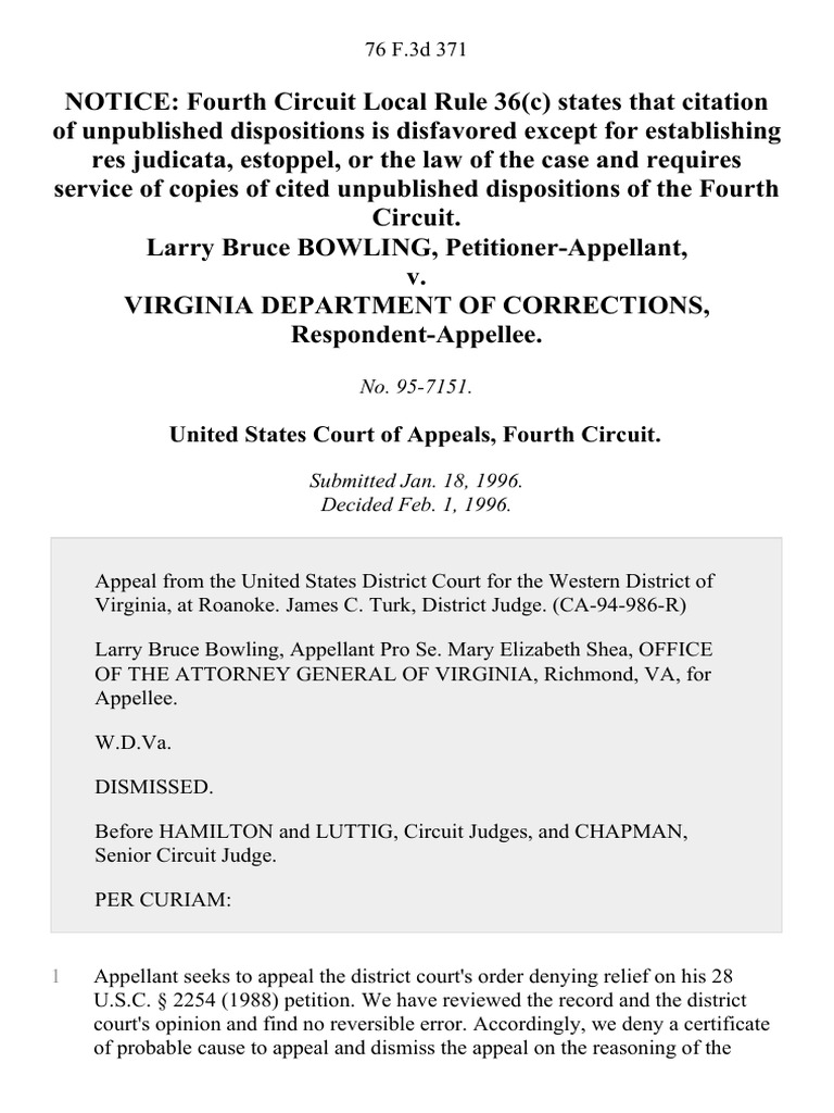 Larry Bruce Bowling v. Virginia Department of Corrections, 76 F.3d 371 ...