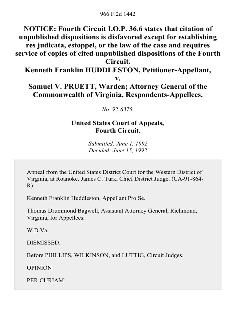 Kenneth Franklin Huddleston v. Samuel v. Pruett, Warden Attorney ...