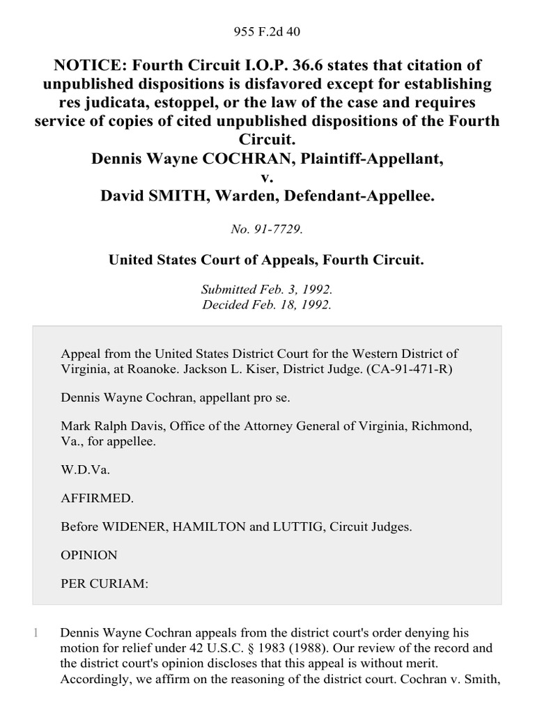 Dennis Wayne Cochran v. David Smith, Warden, 955 F.2d 40, 4th Cir ...