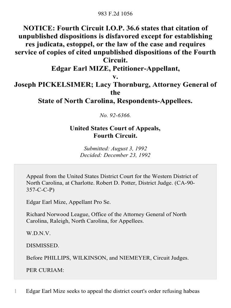Edgar Earl Mize v. Joseph Pickelsimer Lacy Thornburg, Attorney General ...