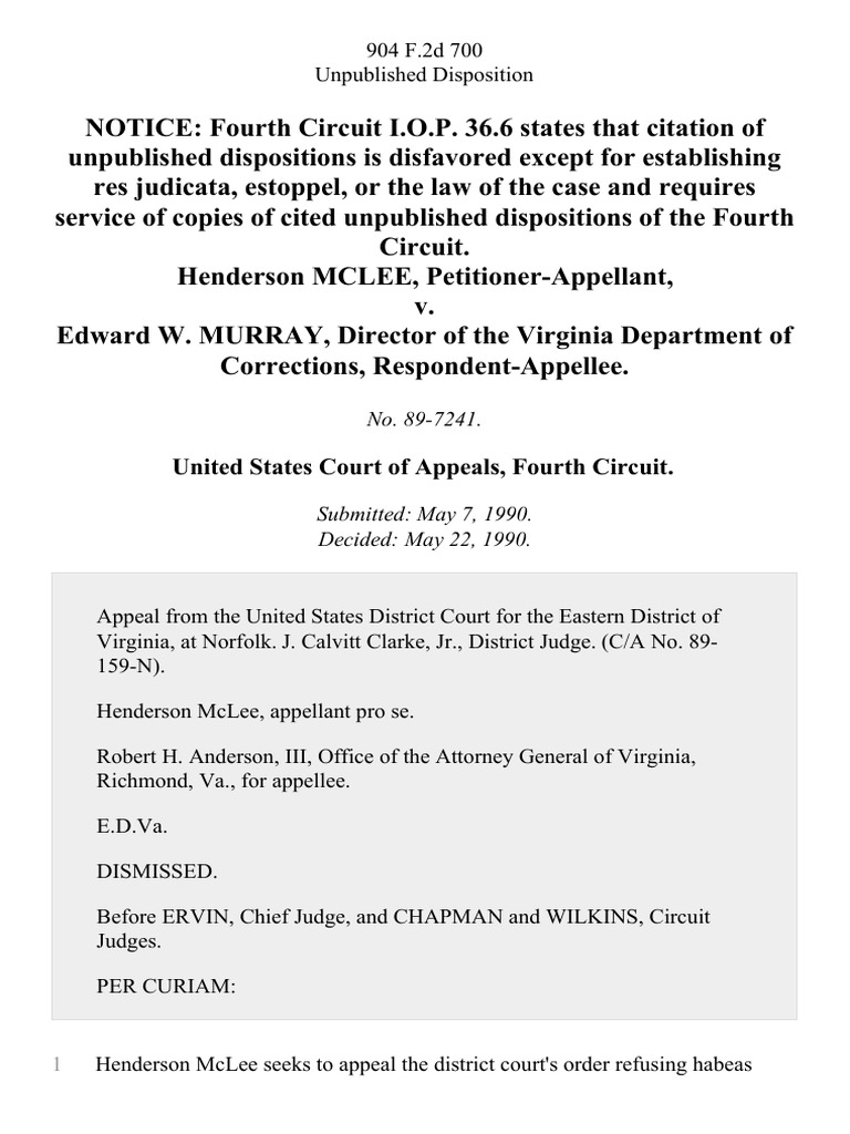 McLee v. Murray: Habeas Appeal Dismissed | PDF