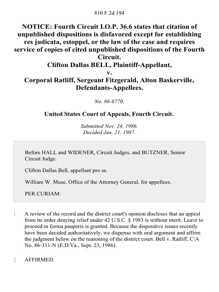 Clifton Dallas Bell v. Corporal Ratliff, Sergeant Fitzgerald, Alton ...