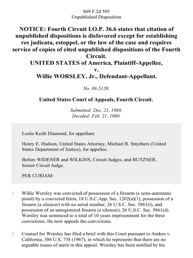 United States v. Willie Worsley, JR., 869 F.2d 595, 4th Cir. (1989) | PDF