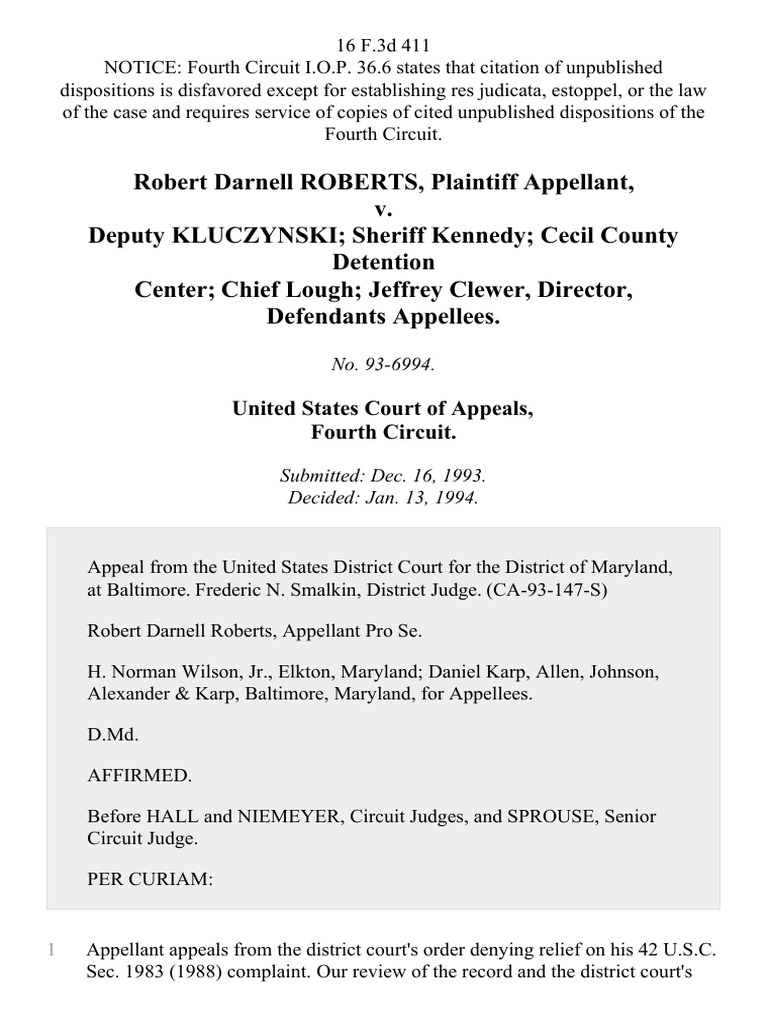Robert Darnell Roberts v. Deputy Kluczynski Sheriff Kennedy Cecil County Detention Center Chief ...