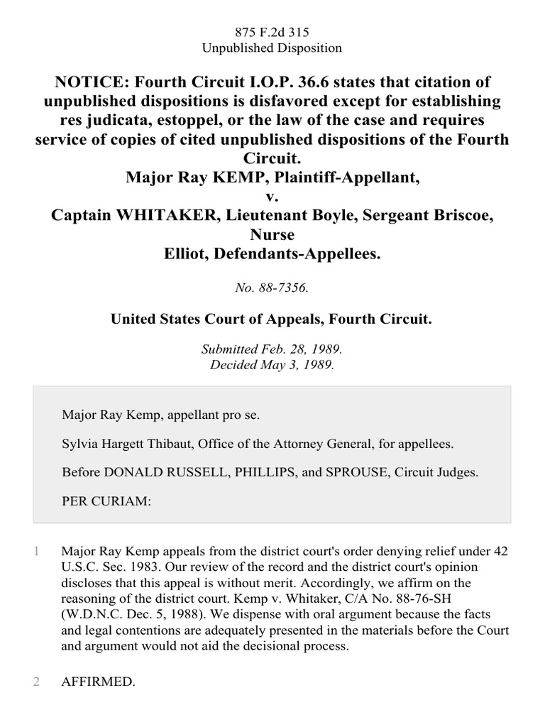 Major Ray Kemp v. Captain Whitaker, Lieutenant Boyle, Sergeant Briscoe ...