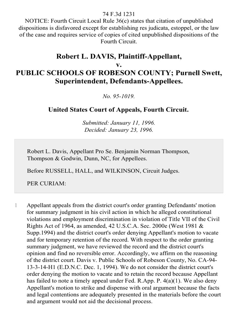 Robert L. Davis v. Public Schools of Robeson County Purnell Swett ...