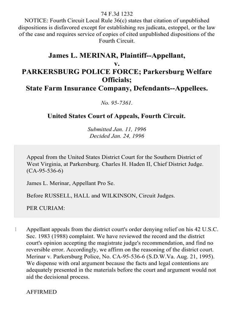 James L. Merinar v. Parkersburg Police Force Parkersburg Welfare ...