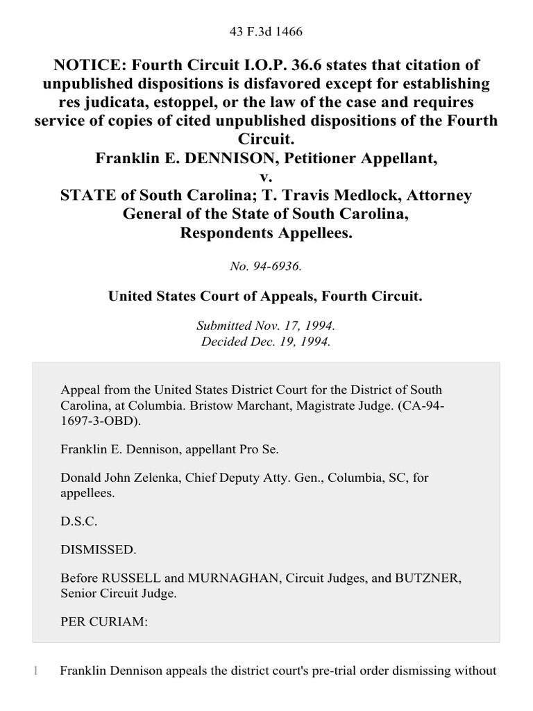 Franklin E. Dennison v. State of South Carolina T. Travis Medlock ...