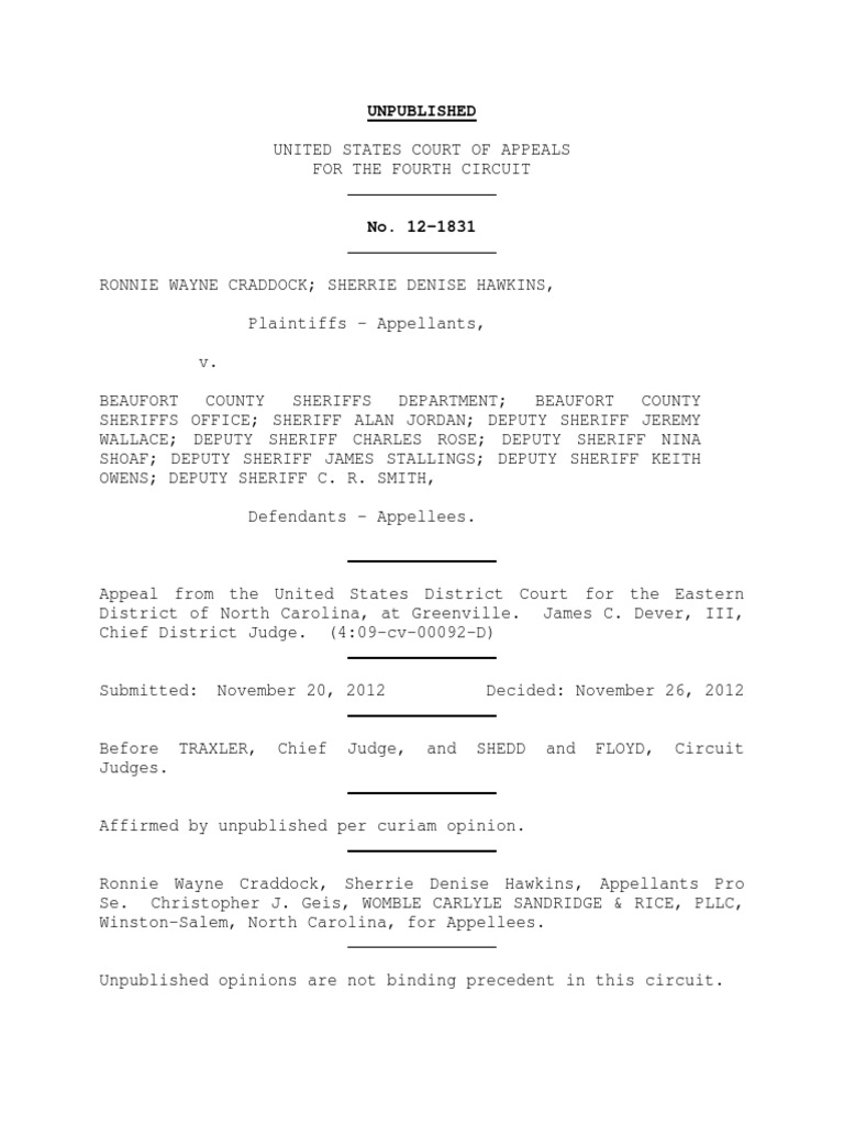 Ronnie Craddock v. Beaufort County Sheriffs Dep't, 4th Cir. (2012) | PDF
