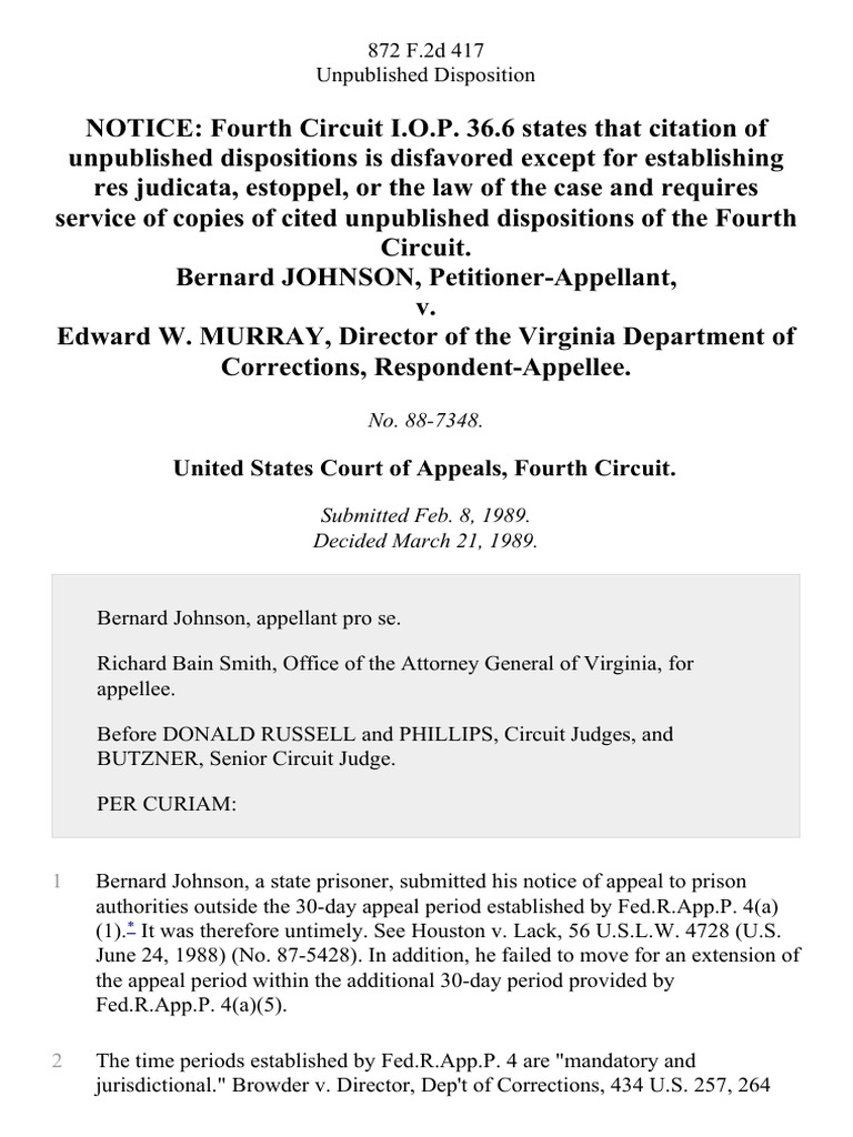 Bernard Johnson v. Edward W. Murray, Director of The Virginia ...