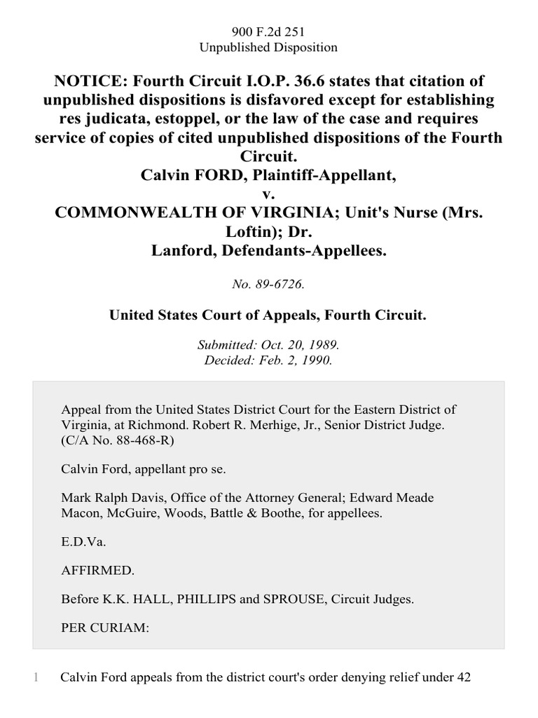 Calvin Ford v. Commonwealth of Virginia Unit's Nurse (Mrs. Loftin) Dr ...