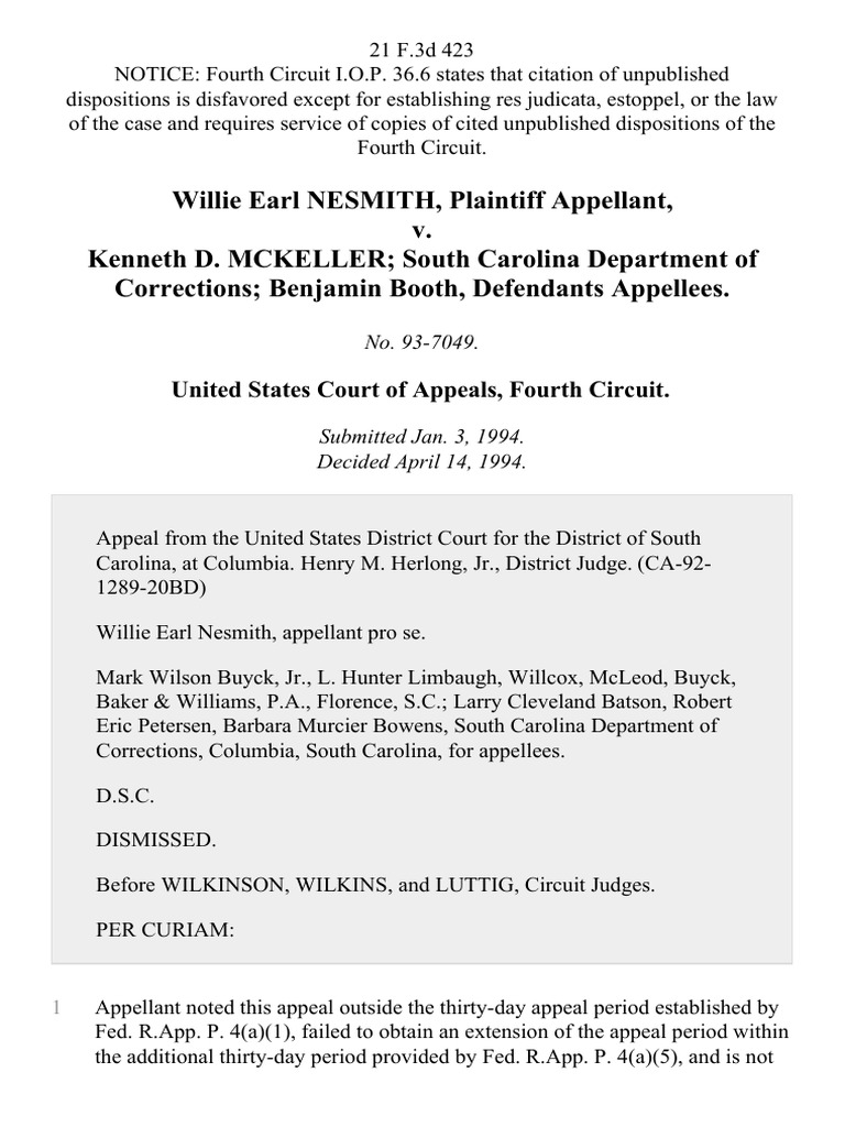 Willie Earl Nesmith v. Kenneth D. McKeller South Carolina Department of ...