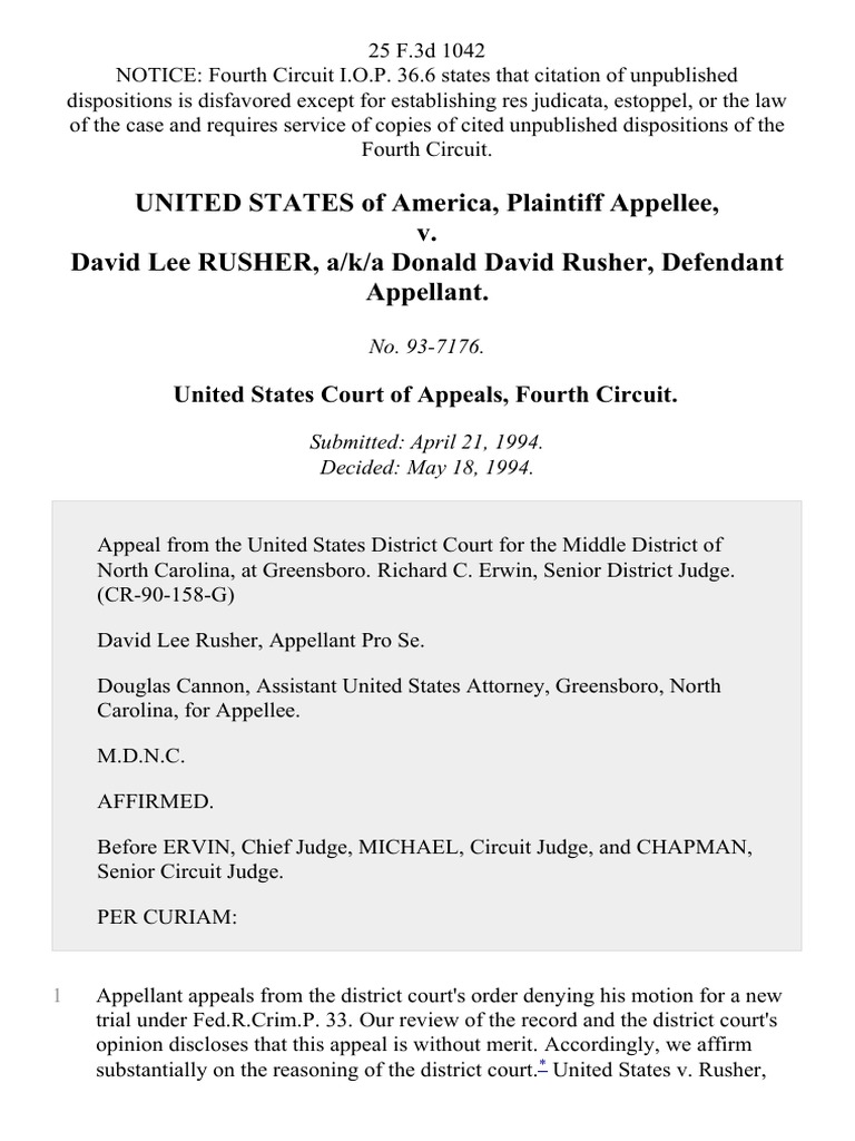 United States v. David Lee Rusher, A/K/A Donald David Rusher, 25 F.3d ...