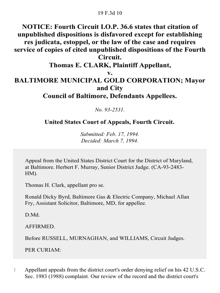 Thomas E. Clark v. Baltimore Municipal Gold Corporation Mayor and City ...