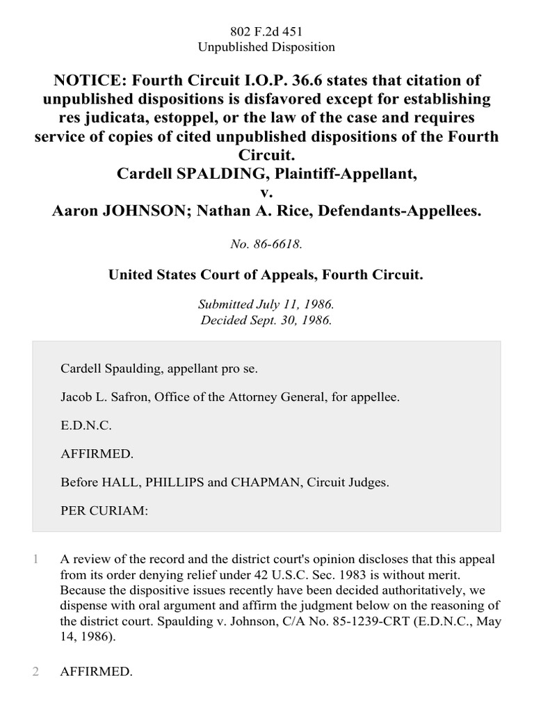 Cardell Spalding v. Aaron Johnson Nathan A. Rice, 802 F.2d 451, 4th Cir ...