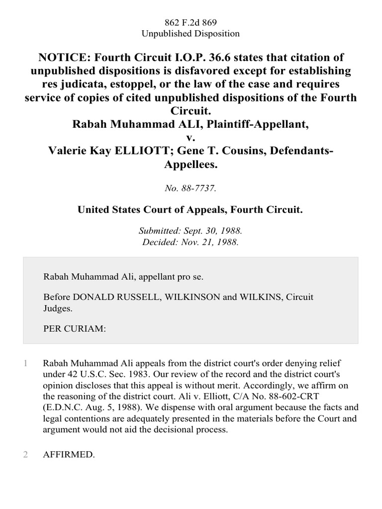 Rabah Muhammad Ali v. Valerie Kay Elliott Gene T. Cousins, 862 F.2d 869 ...