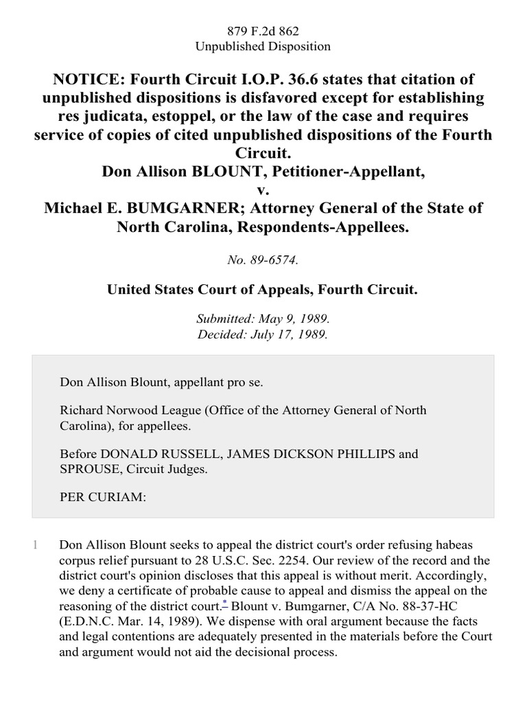Blount v. Bumgarner: Habeas Appeal Dismissed | PDF | Politics | Sports ...