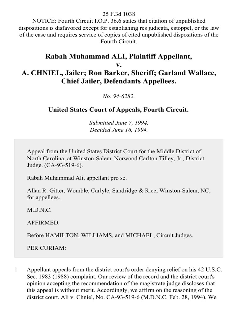 Rabah Muhammad Ali v. A. Chniel, Jailer Ron Barker, Sheriff Garland ...