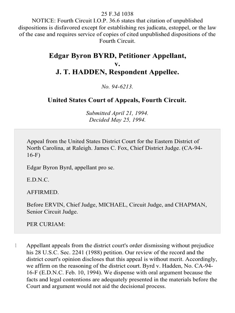 Edgar Byron Byrd v. J. T. Hadden, 25 F.3d 1038, 4th Cir. (1994) | PDF